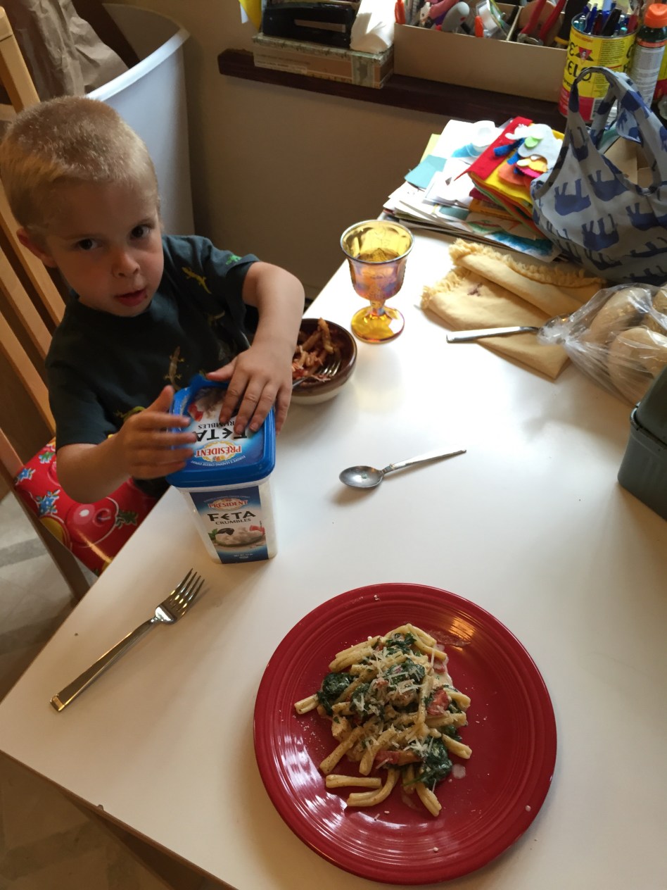 Pasta with chicken and spinach in a creamy garlic sauce | Alaska Knit Nat