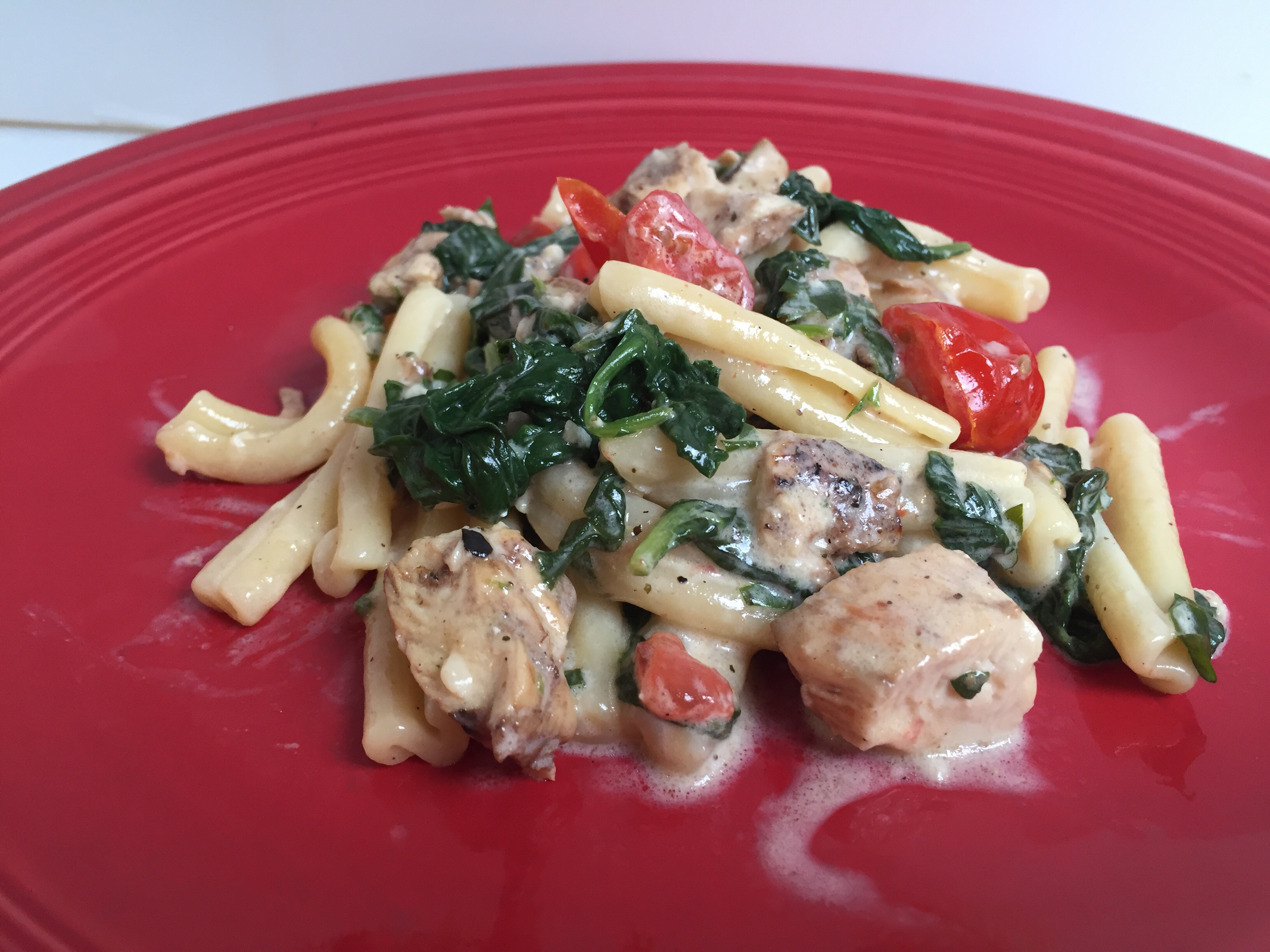 Pasta with chicken and spinach in a creamy garlic sauce | Alaska Knit Nat